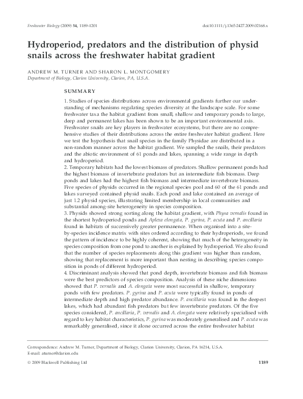 (PDF) Hydroperiod, predators and the distribution of physid snails ...