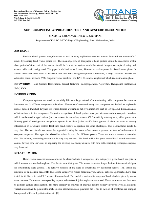 (PDF) Soft Computing Approaches for Hand Gesture Recognition