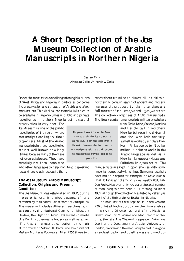 (PDF) A Short Description of the Jos Museum Arabic Manuscript ...