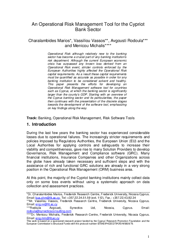 (PDF) An Operational Risk Management Tool for the Cypriot Bank Sector