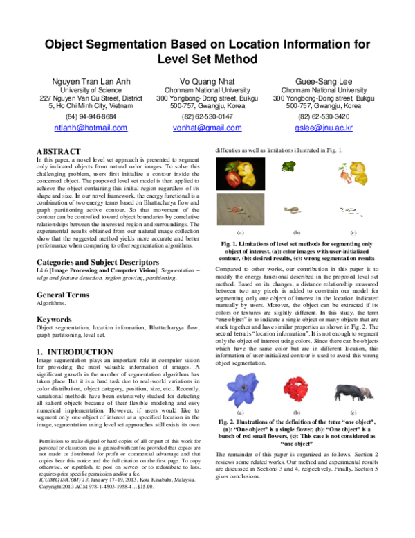 Pdf Object Segmentation Based On Location Information For Level Set Method Nguyen Tran Lan