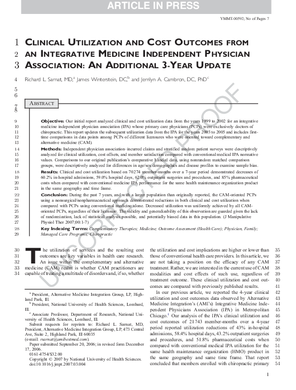 (PDF) Clinical Utilization and Cost Outcomes From an Integrative Medicine Independent Physician ...