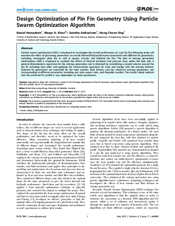 (PDF) Design Optimization of Pin Fin Geometry Using Particle Swarm Optimization Algorithm
