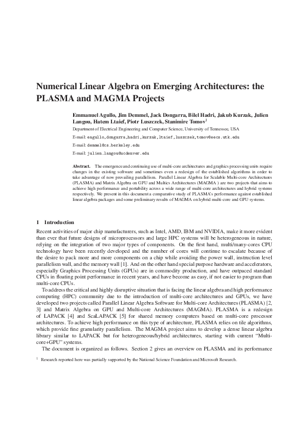 (PDF) Numerical linear algebra on emerging architectures: The PLASMA and MAGMA projects