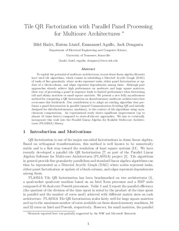 Pdf Tile Qr Factorization With Parallel Panel Processing For