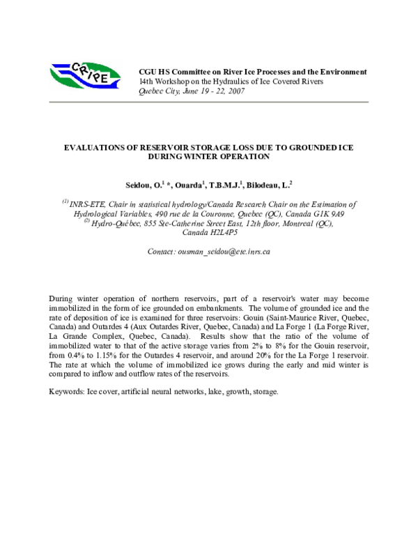(PDF) EVALUATIONS OF RESERVOIR STORAGE LOSS DUE TO GROUNDED ICE DURING ...