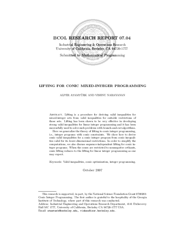 Pdf Lifting For Conic Mixed Integer Programming
