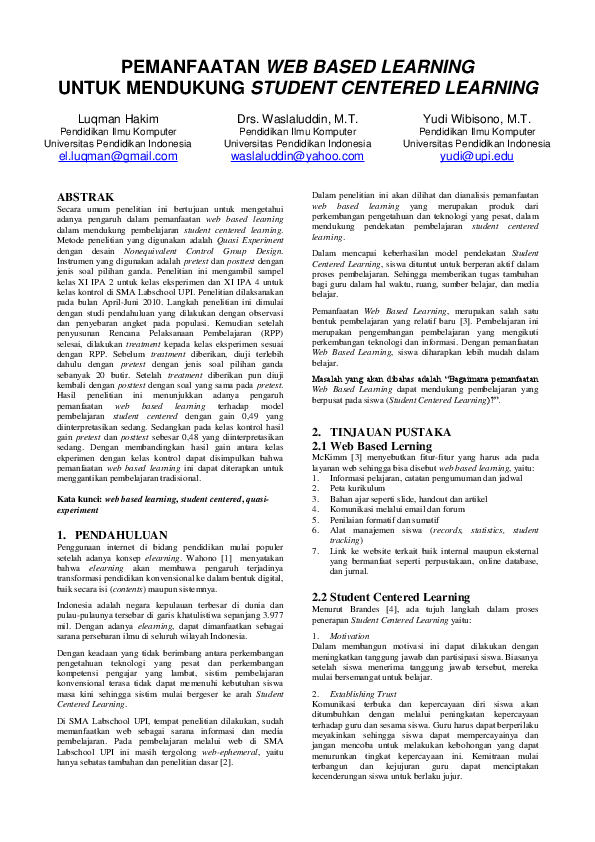(PDF) PEMANFAATAN WEB BASED LEARNING UNTUK MENDUKUNG STUDENT CENTERED ...