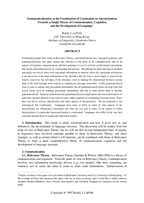 (PDF) Grammaticalization as the Fossilization of Constraints on Interpretation: Towards a Single ...