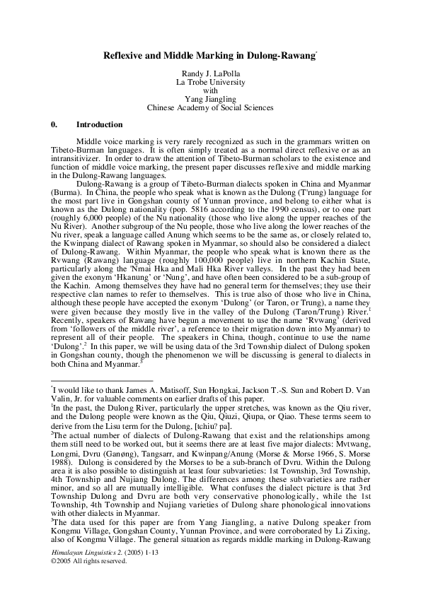 (PDF) Reflexive and middle marking in Dulong/Rawang (with Yang, Jiangling)