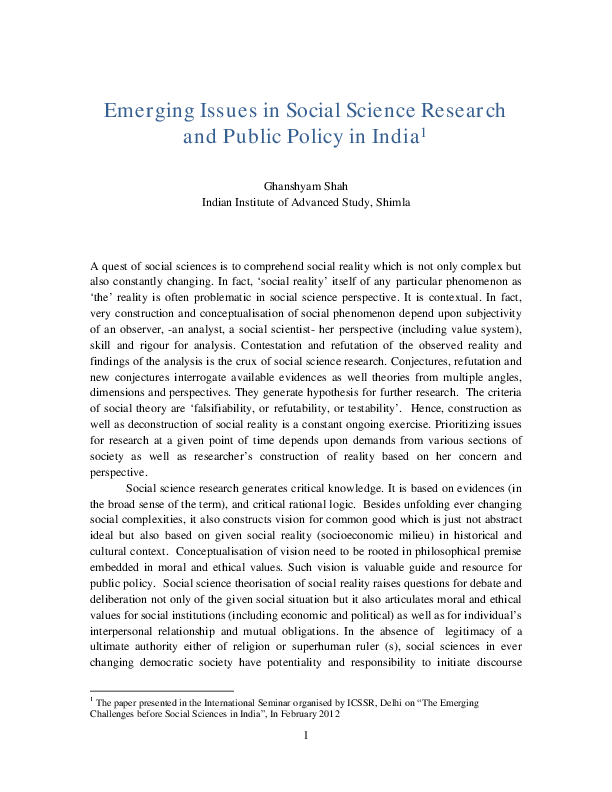 (PDF) Emerging Issues in Social Science Research and Public Policy in India