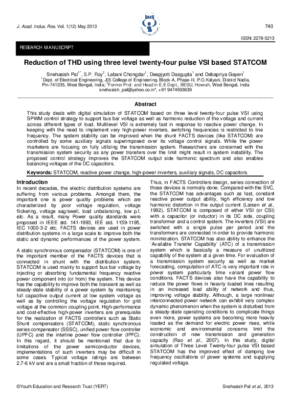 Pdf Reduction Of Thd Using Three Level Twenty Four Pulse Vsi Based Statcom