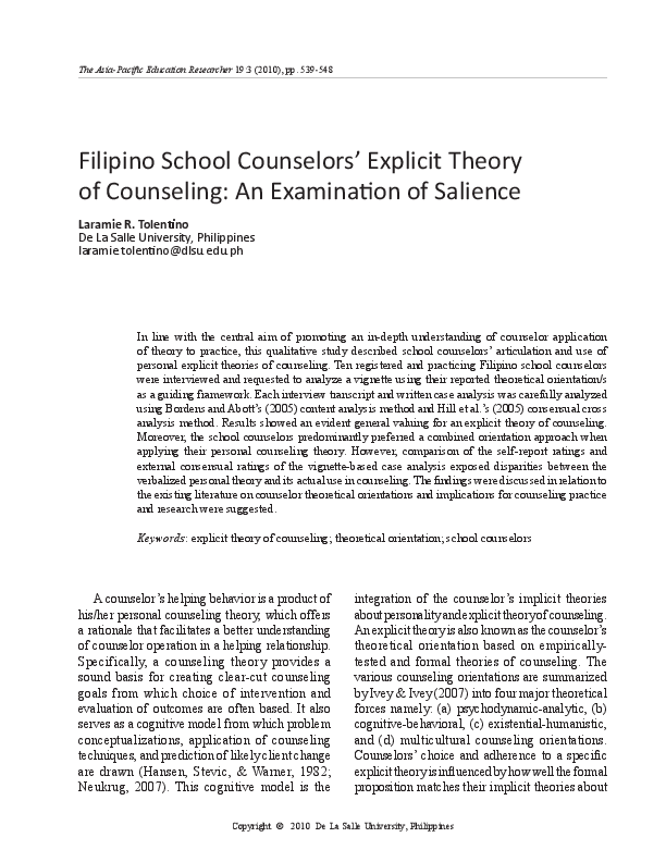(PDF) Filipino School Counselors’ Explicit Theory of Counseling: An ...