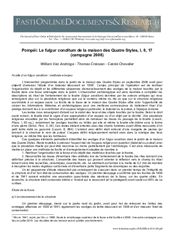 (PDF) Le fulgur conditum de la maison des Quatre Styles (campagne 2008)