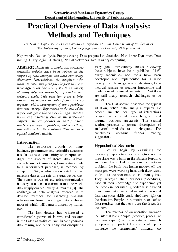 Pdf Practical Overview Of Data Analysis Methods And Techniques