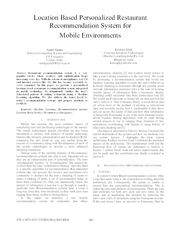 Pdf Location Based Personalized Restaurant Recommendation System For Mobile Environments