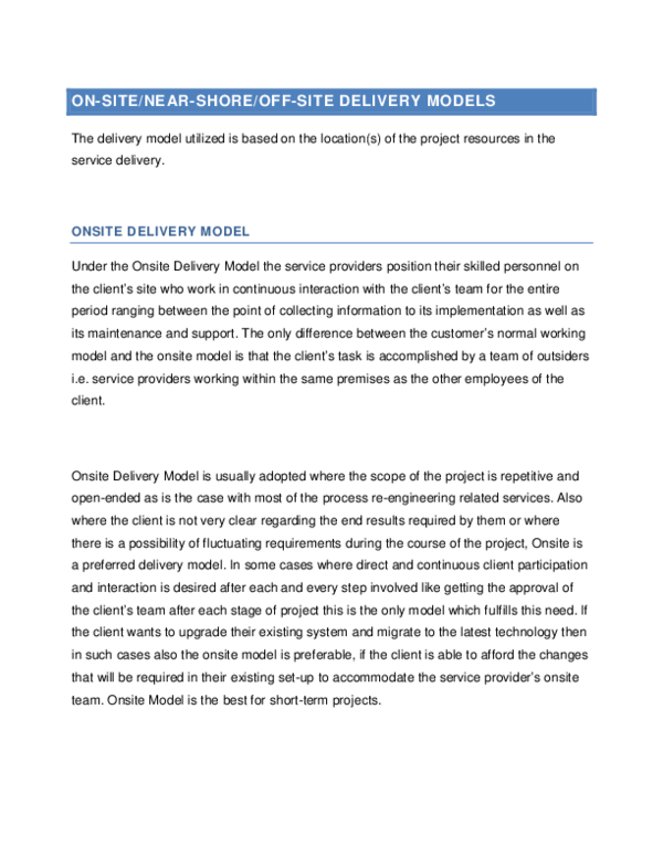 (PDF) ON-SITE/NEAR-SHORE/OFF-SITE DELIVERY MODELS