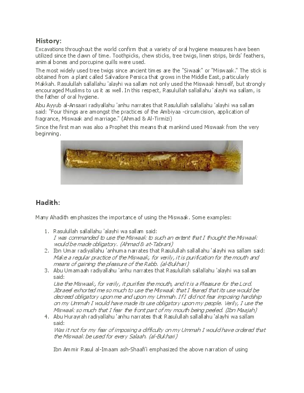 (DOC) HISTORY OF MISWAK (SUNNAH OF PROPHET PEACE BE UPON HIM)
