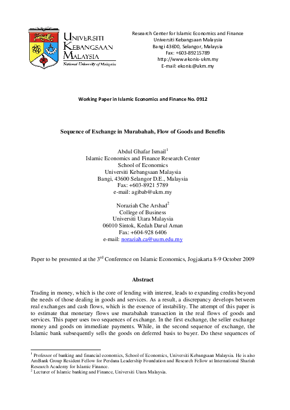 (PDF) Sequence of Exchange in Murabahah, Flow of Goods and Benefits