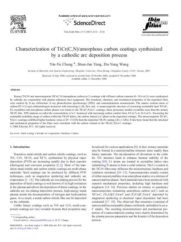 (PDF) Characterization of TiCr(C,N)/amorphous carbon coatings ...
