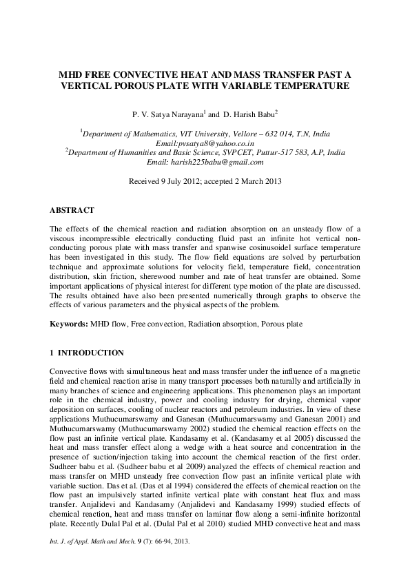 (PDF) MHD FREE CONVECTIVE HEAT AND MASS TRANSFER PAST A VERTICAL POROUS ...
