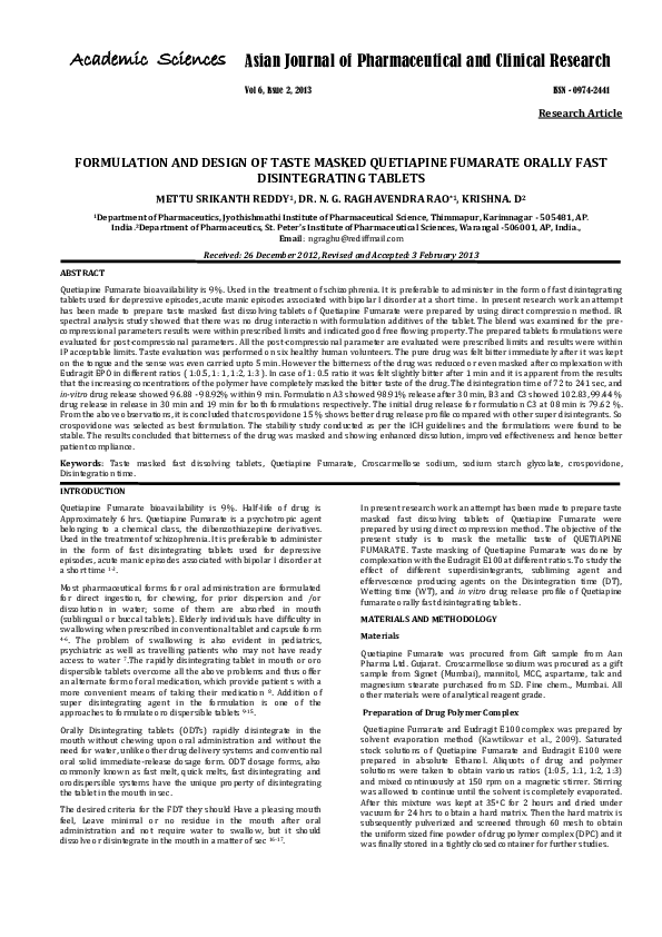 (PDF) FORMULATION AND DESIGN OF TASTE MASKED QUETIAPINE FUMARATE ORALLY FAST DISINTEGRATING TABLETS