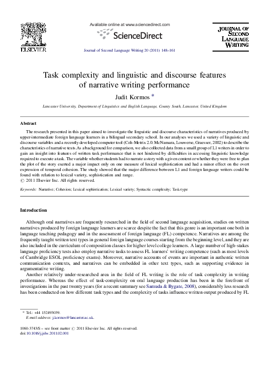 Task Complexity And Linguistic And Discourse Features Of Narrative Writing Performance