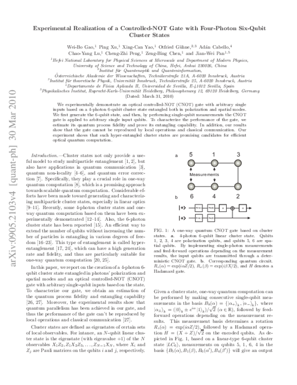 Pdf Experimental Realization Of A Controlled Not Gate With Four Photon Six Qubit Cluster States
