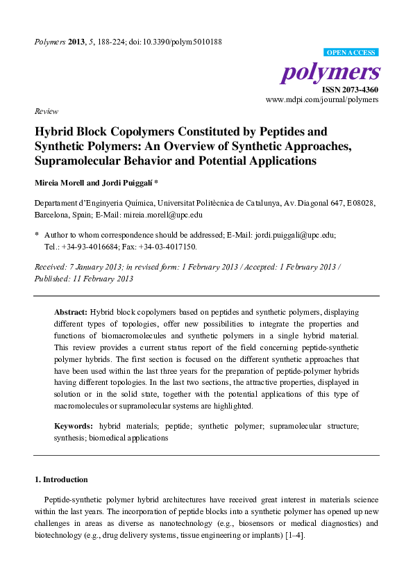 (PDF) www.mdpi.com/journal/polymers Review Hybrid Block Copolymers Constituted by Peptides and ...