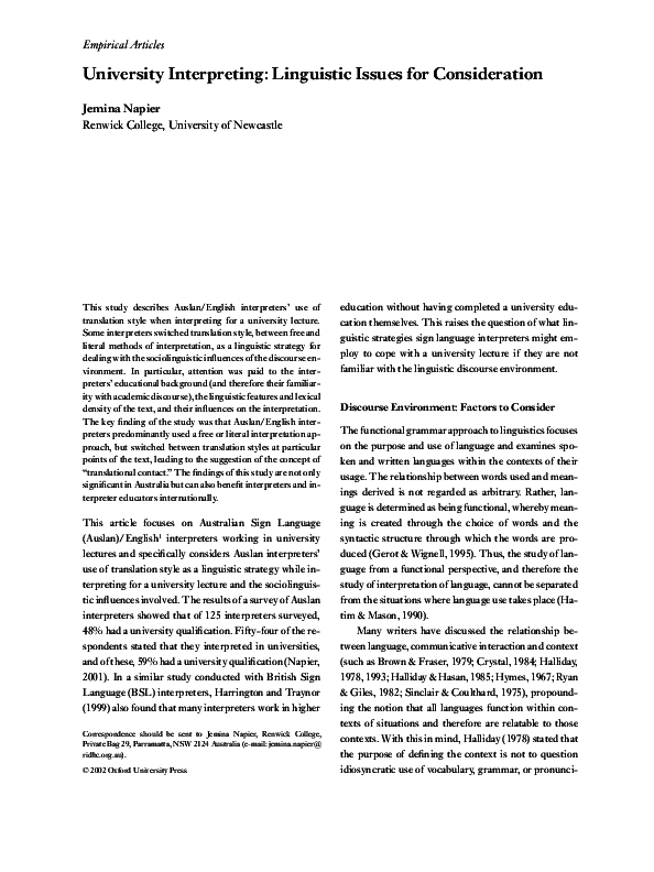 (PDF) University interpreting: Linguistic issues for consideration