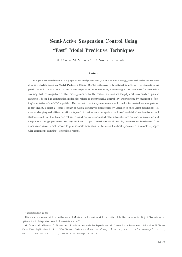 (PDF) SemiActive Suspension Control Using “Fast” Model-Predictive Techniques
