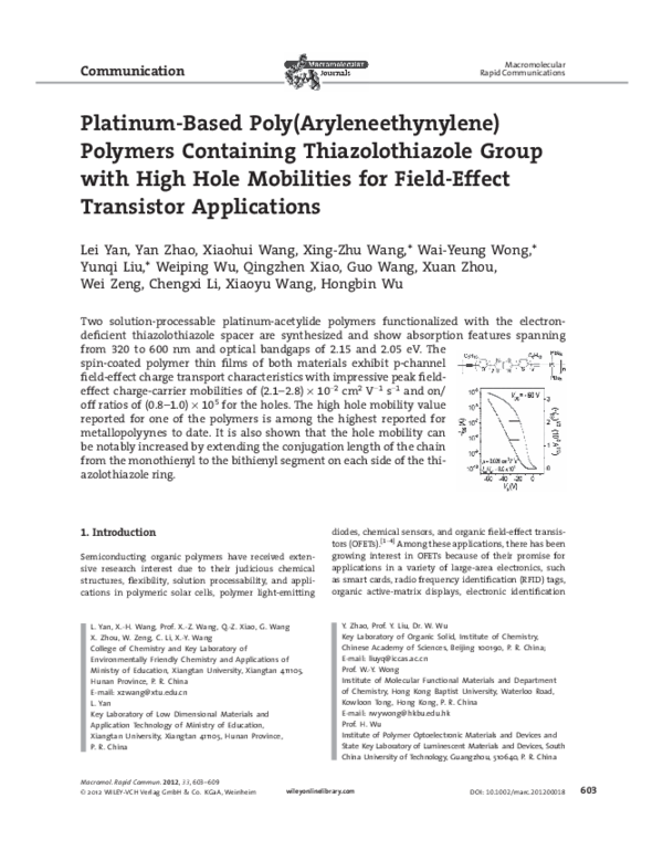Platinum-Based Poly(Aryleneethynylene) Polymers Containing Thiazolothiazole Group with High Hole ...