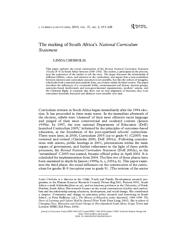 (PDF) The Making of South Africa's Revised National Curriculum Statement