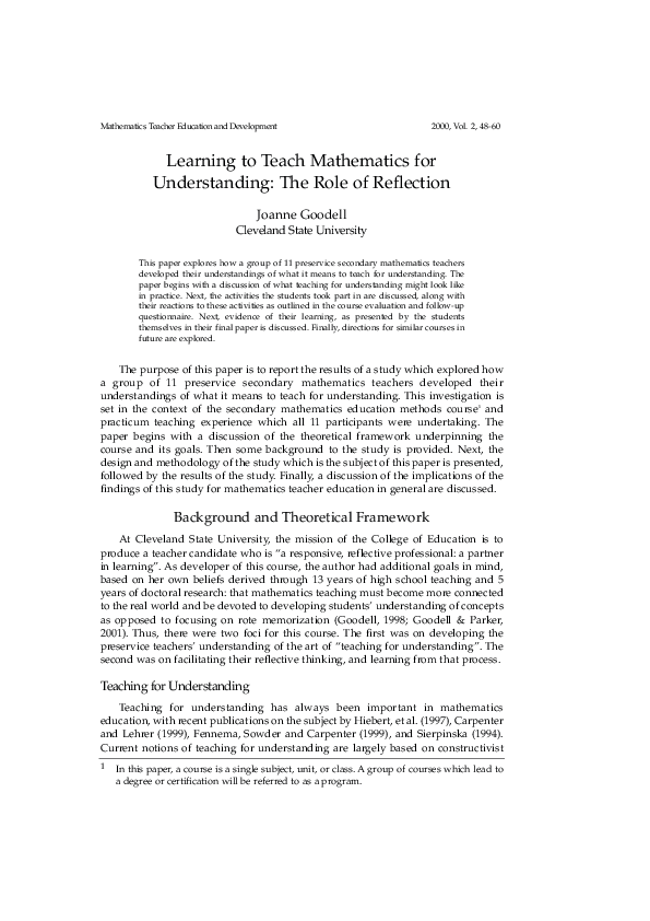 (PDF) Learning to Teach Mathematics for Understanding: The Role of ...