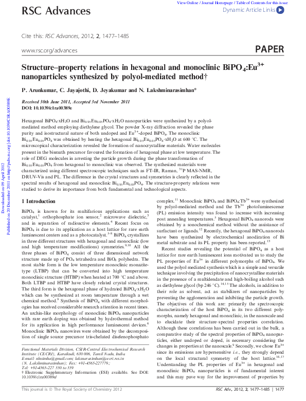 (PDF) Structure–property relations in hexagonal and monoclinic BiPO4 :Eu 3+ nanoparticles ...