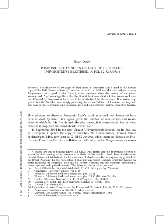 (PDF) Pomponio Leto's notes on Lucretius (Utrecht ...
