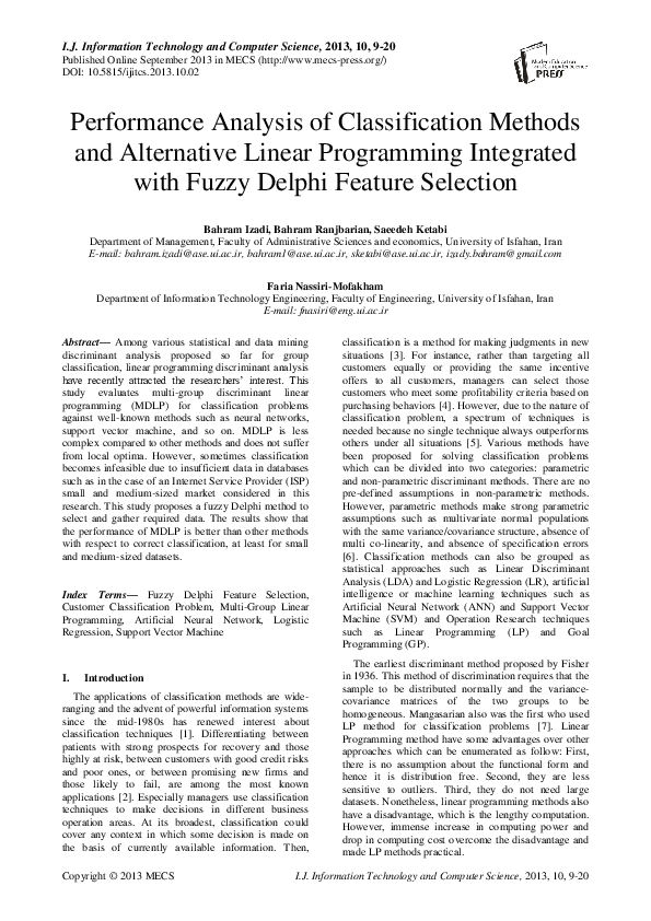 Pdf Performance Analysis Of Classification Methods And Alternative Linear Programming