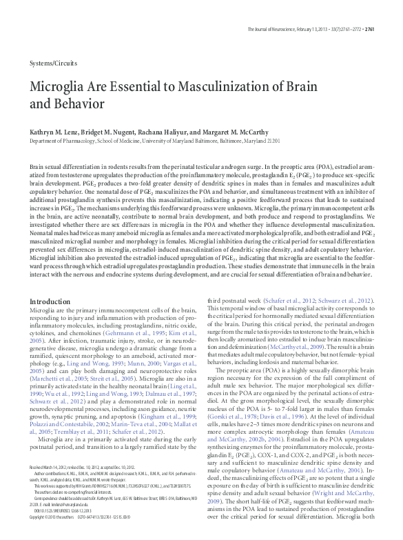 (PDF) Microglia Are Essential to Masculinization of Brain and Behavior