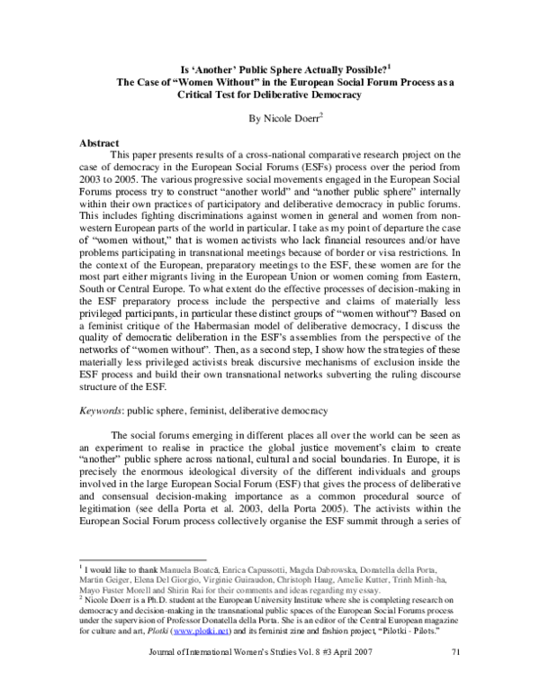 Pdf Is Another Public Sphere Possible Deliberation Gender And The
