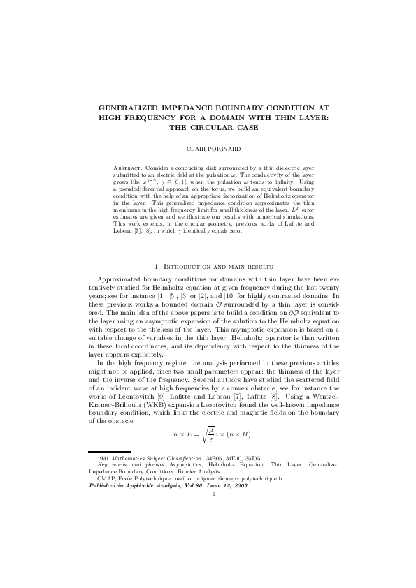 Pdf Generalized Impedance Boundary Condition At High Frequency For A Domain With Thin Layer