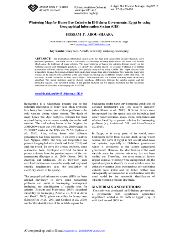 (PDF) Wintering Map for Honey Bee Colonies in El-Behera Governorate ...
