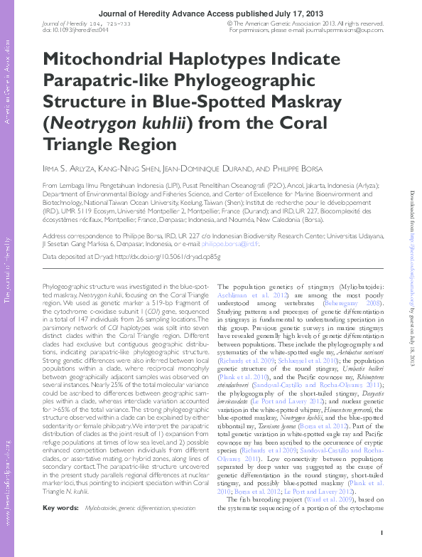 (PDF) Mitochondrial Haplotypes Indicate Parapatric-like Phylogeographic ...