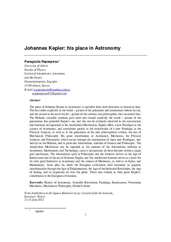 (PDF) Johannes Kepler: his place in Astronomy