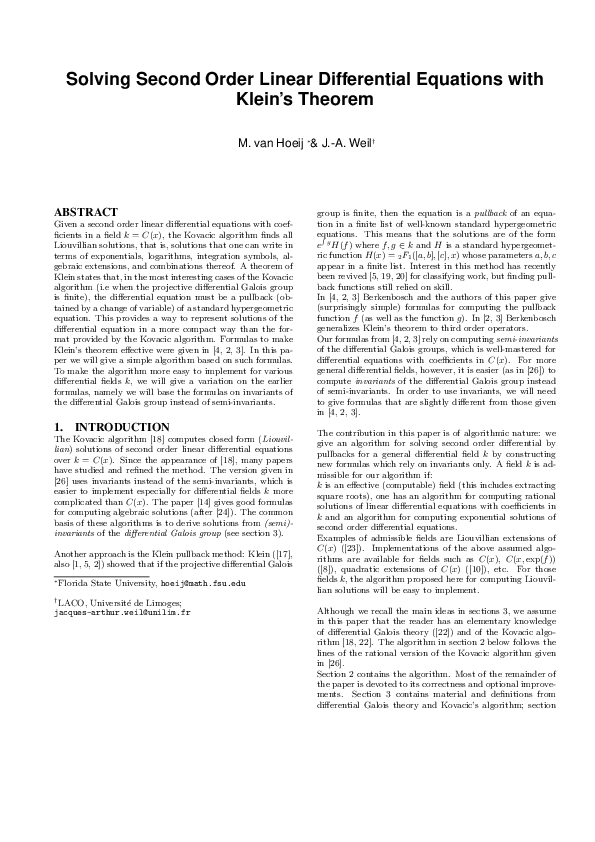 Pdf Algorithm For Kleins Theorem On Differential Equations