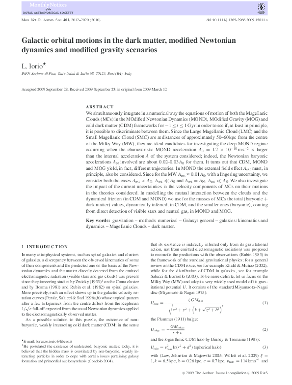 (PDF) Galactic orbital motions in the dark matter, modified Newtonian ...