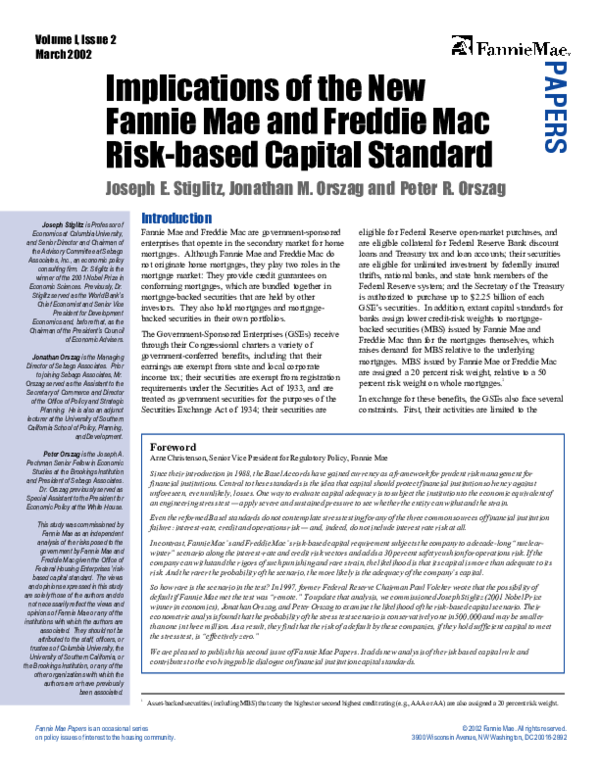 (PDF) Implications of the New Fannie Mae and Freddie Mac Risk-based Capital Standard