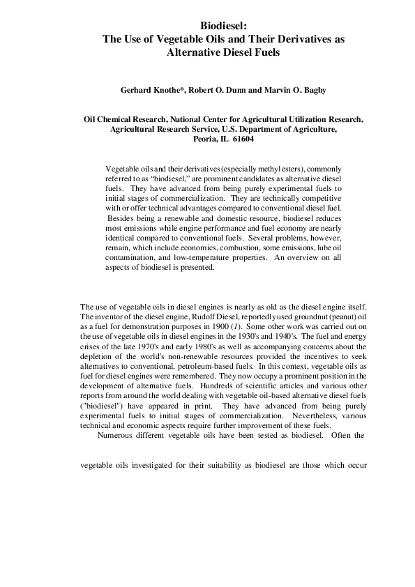 Vegetable Oils As Alternative Diesel Fuels