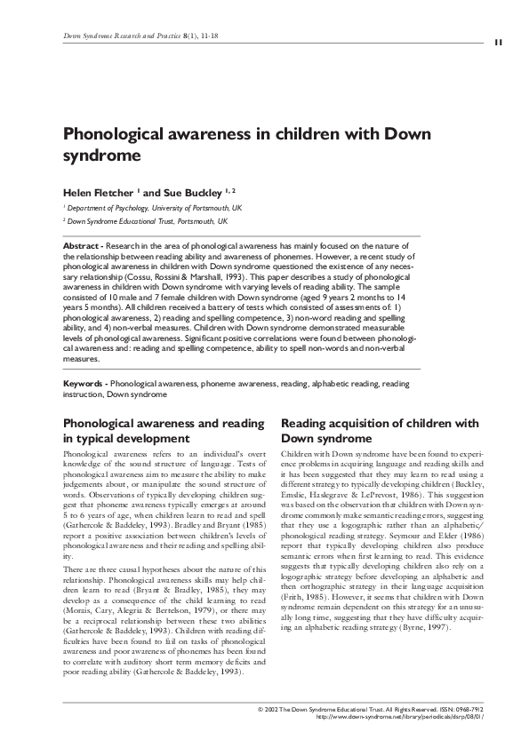 (PDF) Phonological awareness in children with Down syndrome