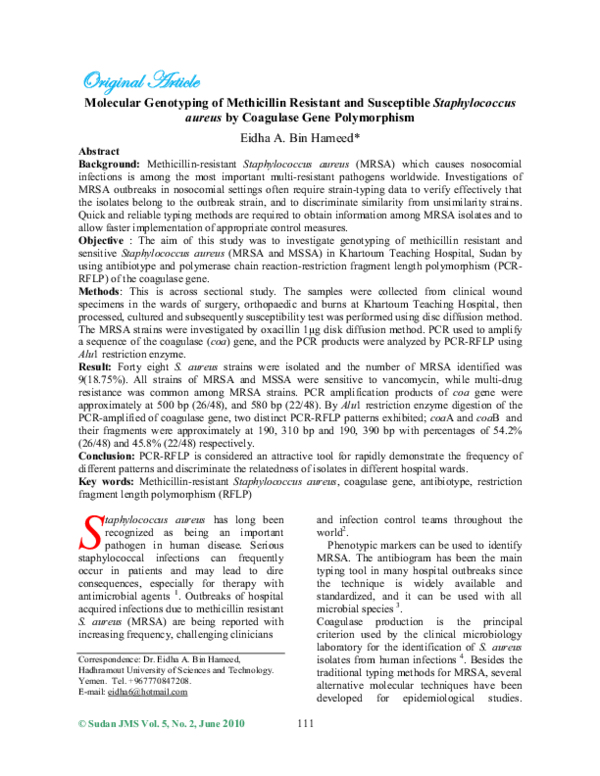 Pdf Molecular Genotyping Of Methicillin Resistant And Susceptible Staphylococcus Aureus By