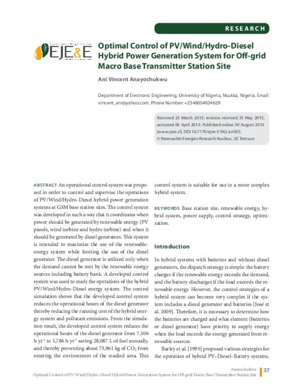 Pdf Optimal Control Of Pvwindhydro Diesel Hybrid Power Generation System For Off Grid Macro